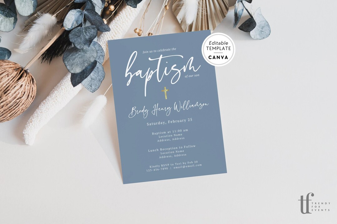 Dusty Blue Baptism Invitation Template, Boys Baptism Invite ...