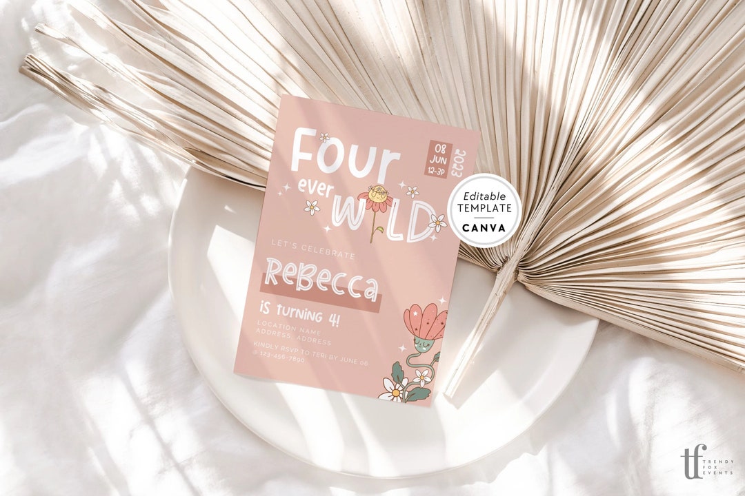 Daisy Four Ever Wild Birthday Invitation, Groovy Boho 4th Birthday ...