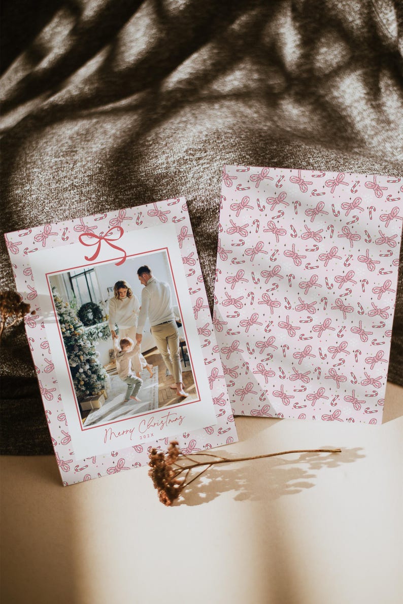 Candy Cane Bows Christmas Card Canva Template, Family Pink Christmas ...