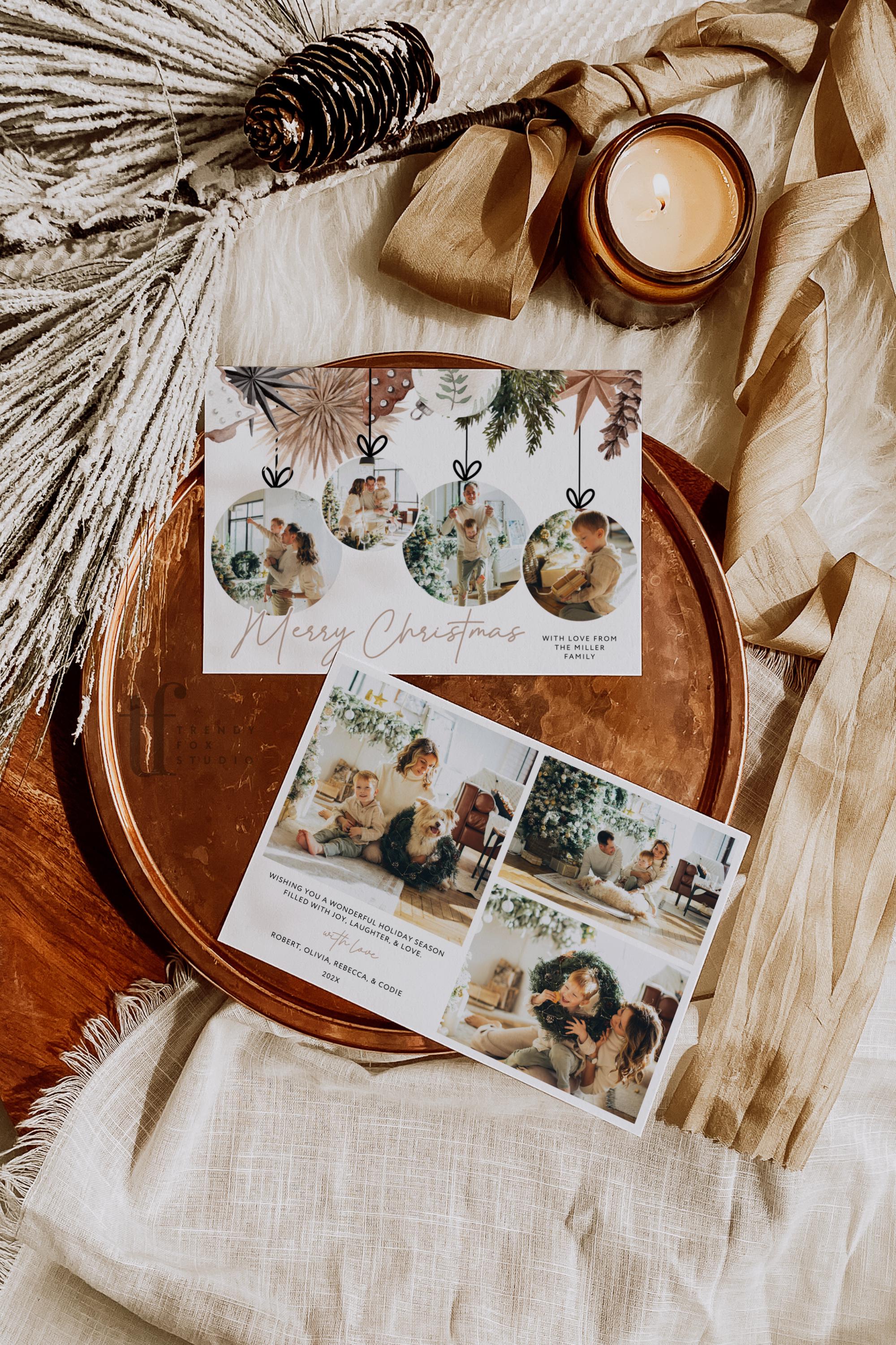Rustic Christmas Photo Card Canva Template, Editable 4 Photo Ornaments ...