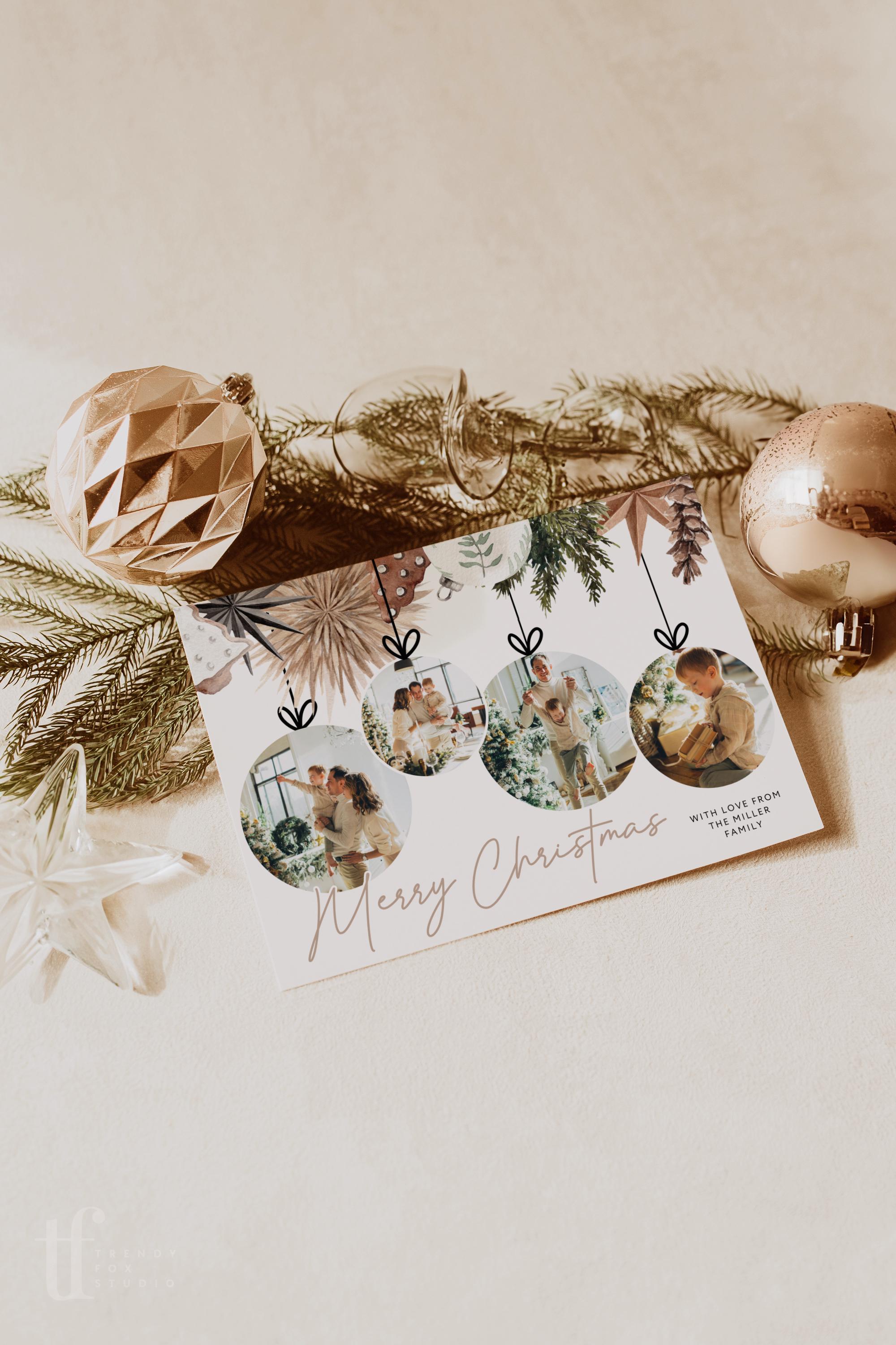 Rustic Christmas Photo Card Canva Template, Editable 4 Photo Ornaments ...
