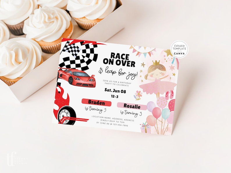 Ballerina & Race Cars Invite Canva Template, Editable Siblings Joint ...