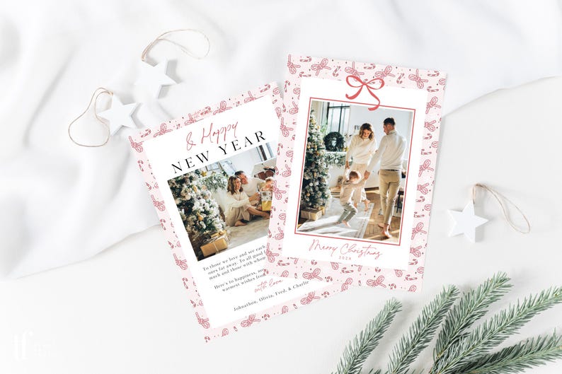 Candy Cane Bows Christmas Card Canva Template, Family Pink Christmas ...