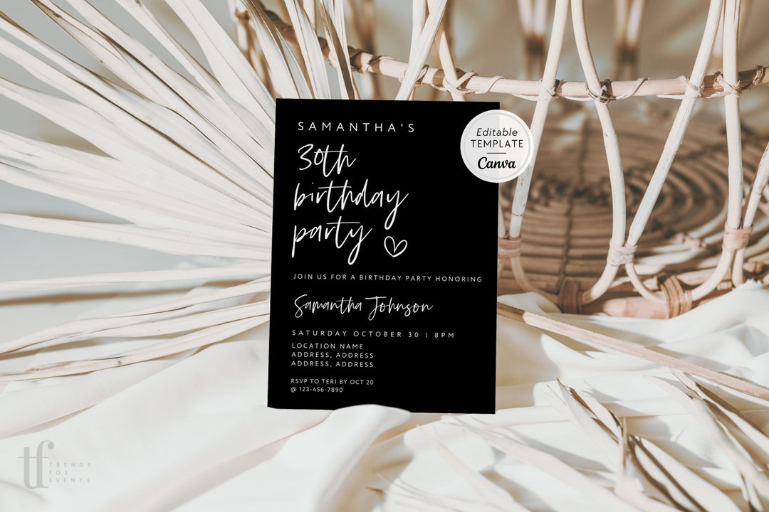 30th Birthday Invite Template, Modern Black Birthday Party Digital ...