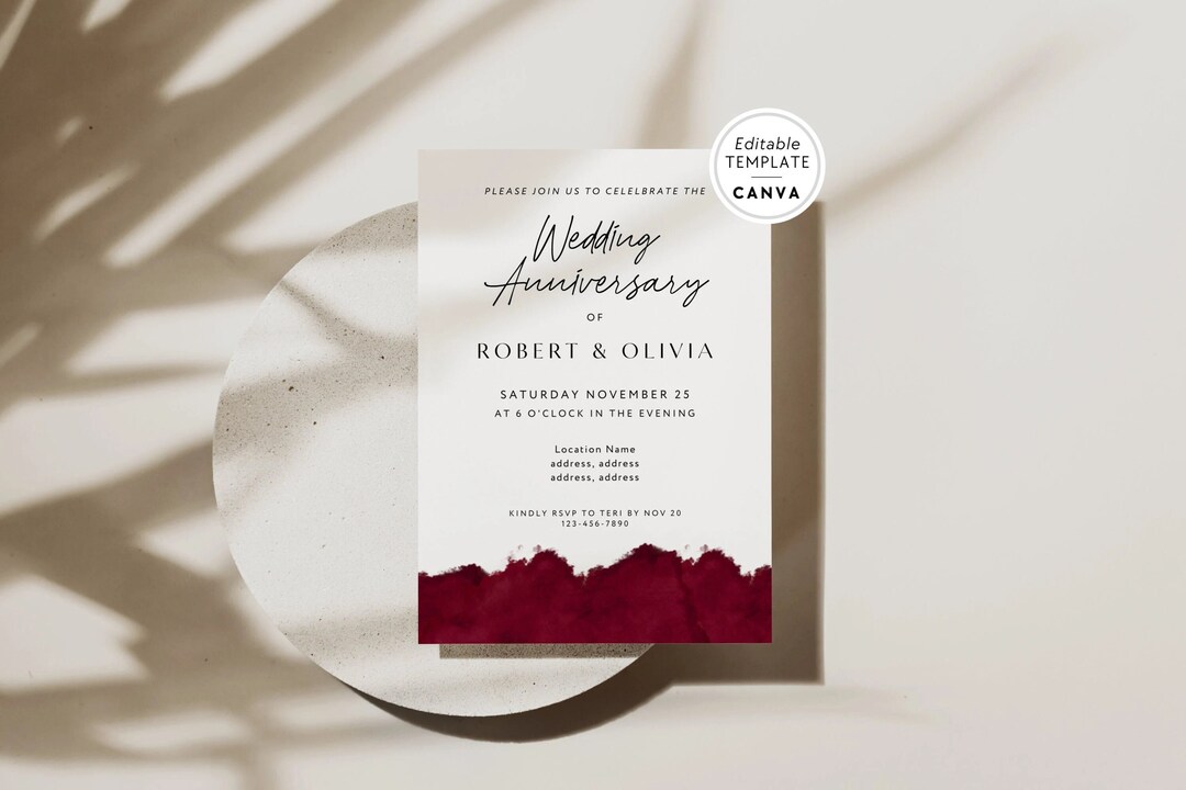 Modern Anniversary Invitation Template, Burgundy Printable Anniversary ...