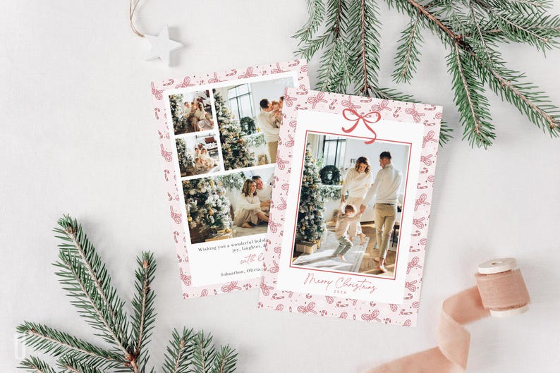 Candy Cane Bows Christmas Card Canva Template, Family Pink Christmas ...