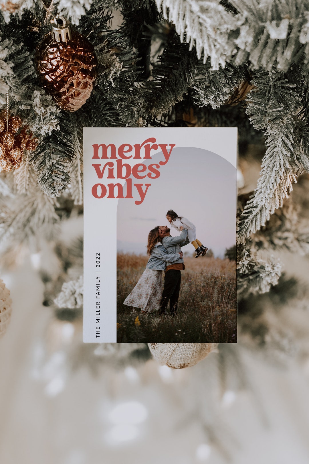 Retro Photo Christmas Card, Groovy Boho Editable Holiday Card ...