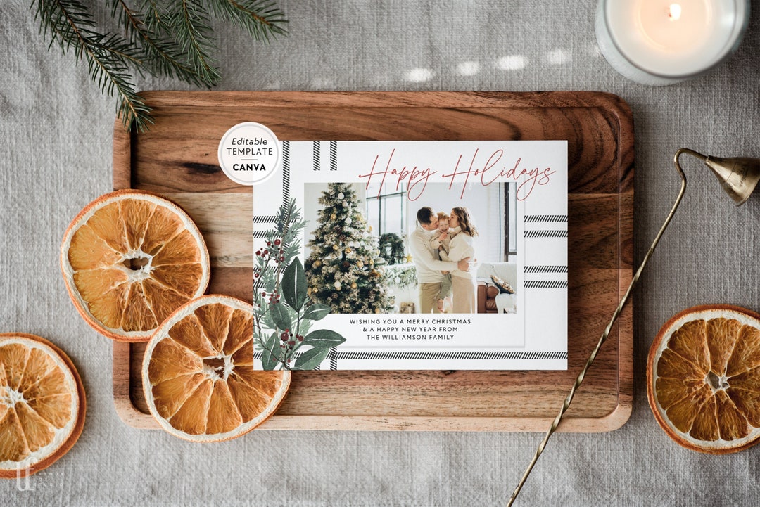 Plaid Christmas Landscape Photo Card Template, Editable Holiday Card ...