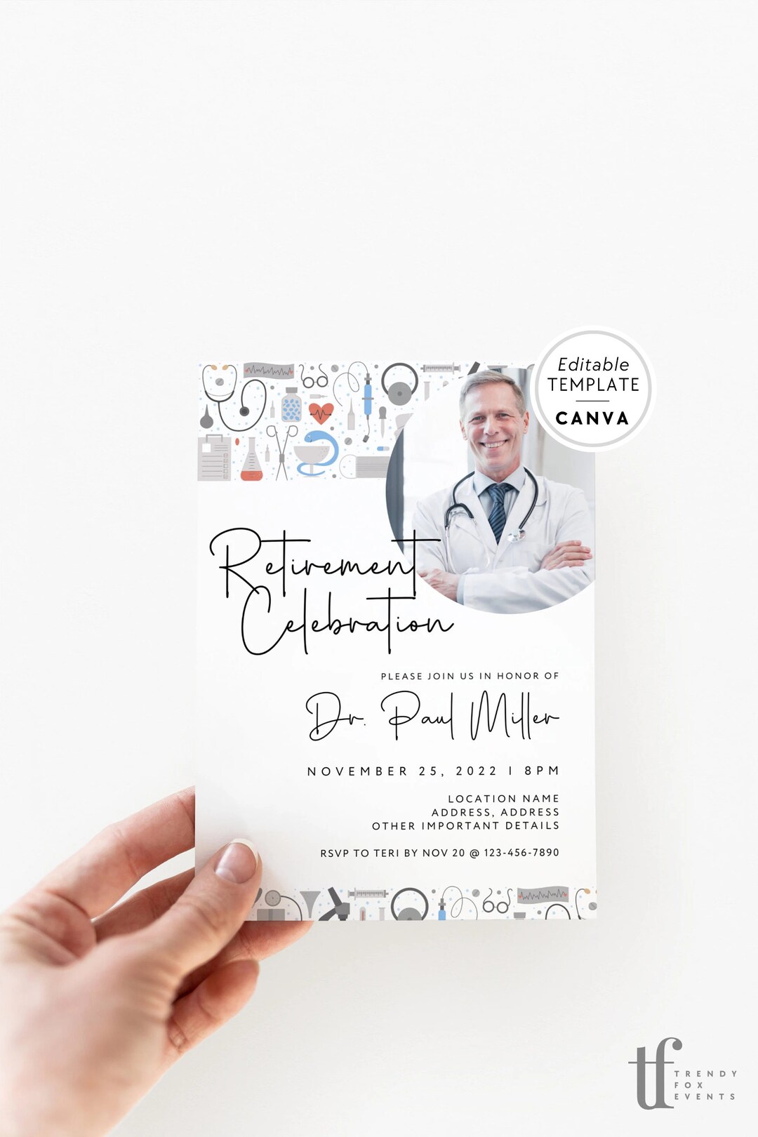 Doctor Retirement Party Invitation Printable, Canva Template, Modern ...