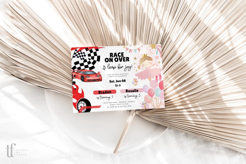 Ballerina & Race Cars Invite Canva Template, Editable Siblings Joint ...