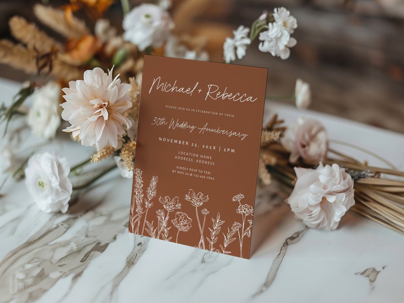 Wildflower 30th Anniversary Invitation Canva Template, Rust Burnt ...