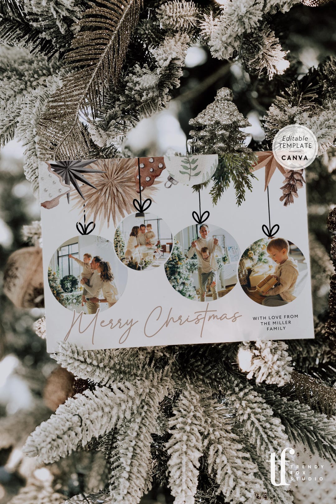 Rustic Christmas Photo Card Canva Template, Editable 4 Photo Ornaments ...