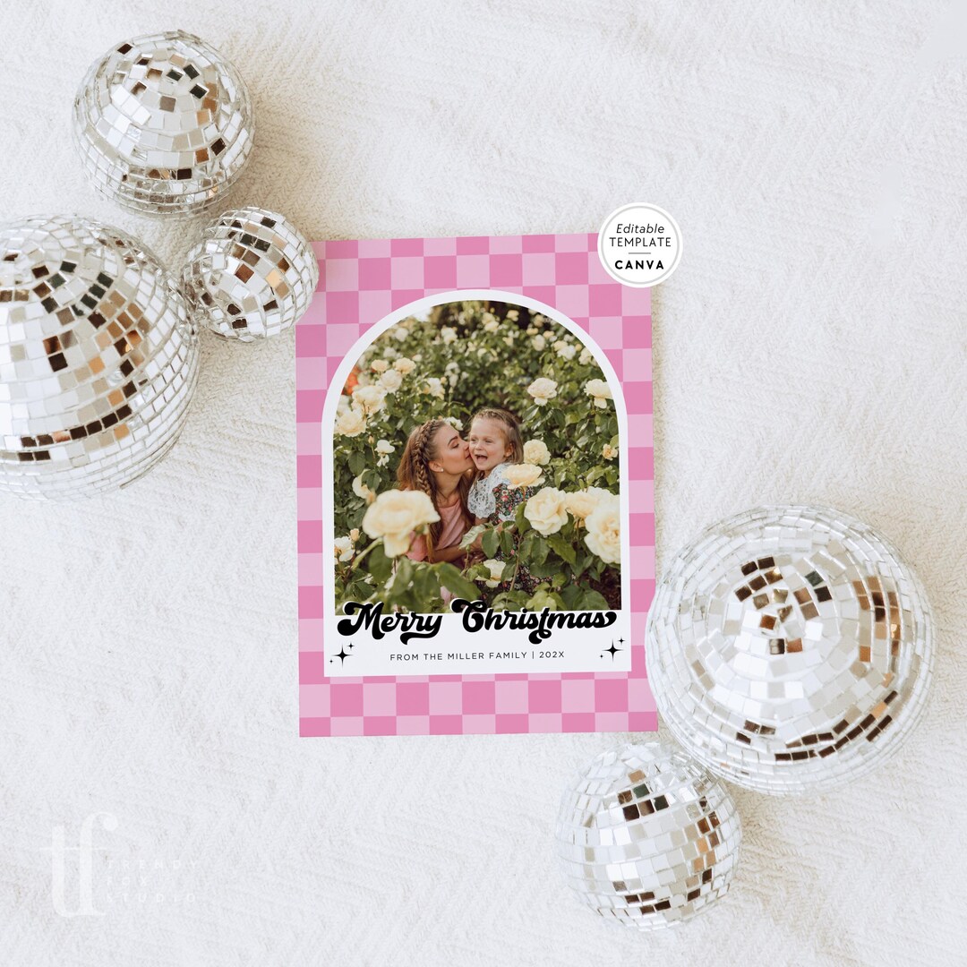 Retro Photo Christmas Card Canva Template, Groovy Boho Editable Holiday ...