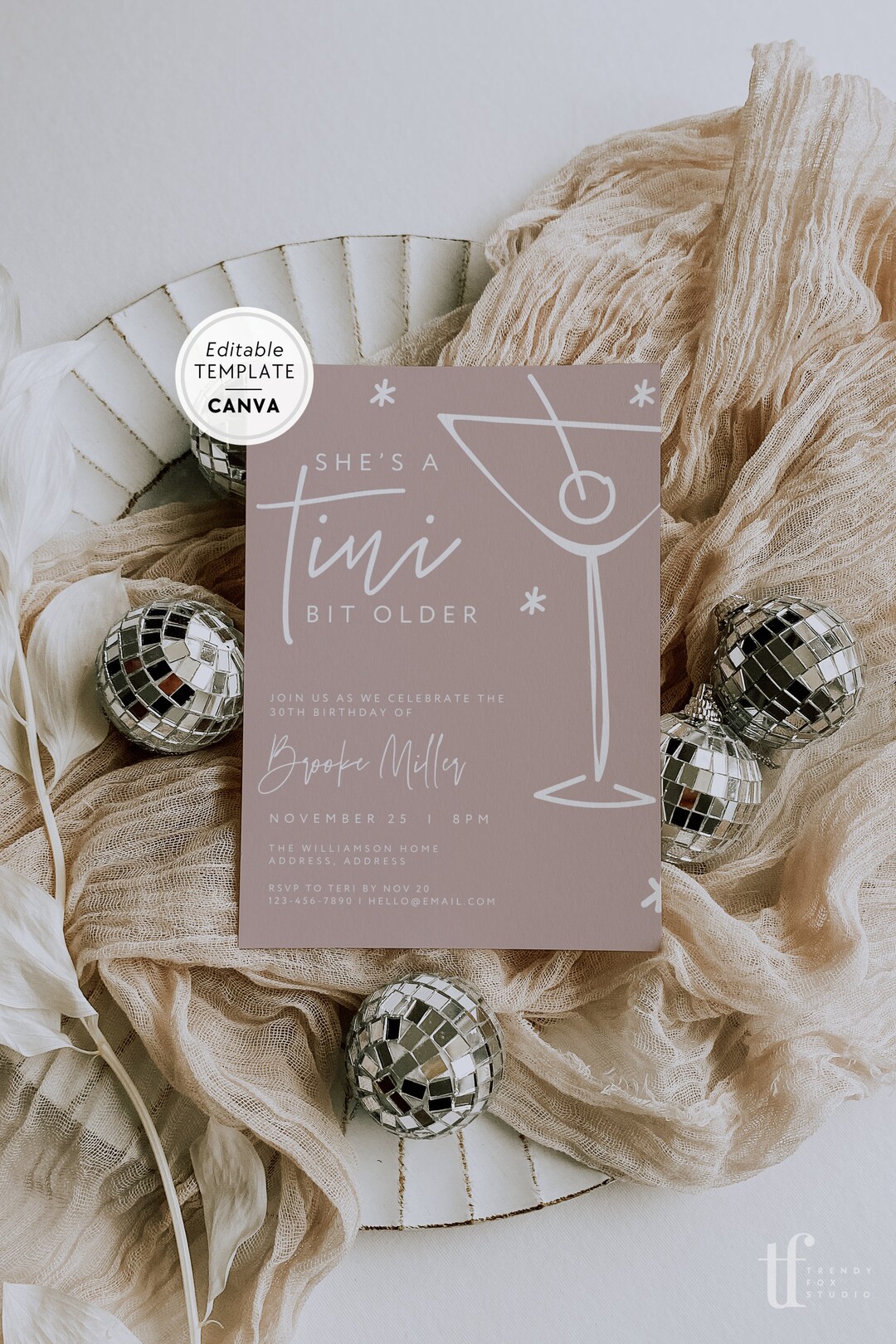 Boho 30th Birthday Invite Canva Template, Modern Martini Birthday Party ...