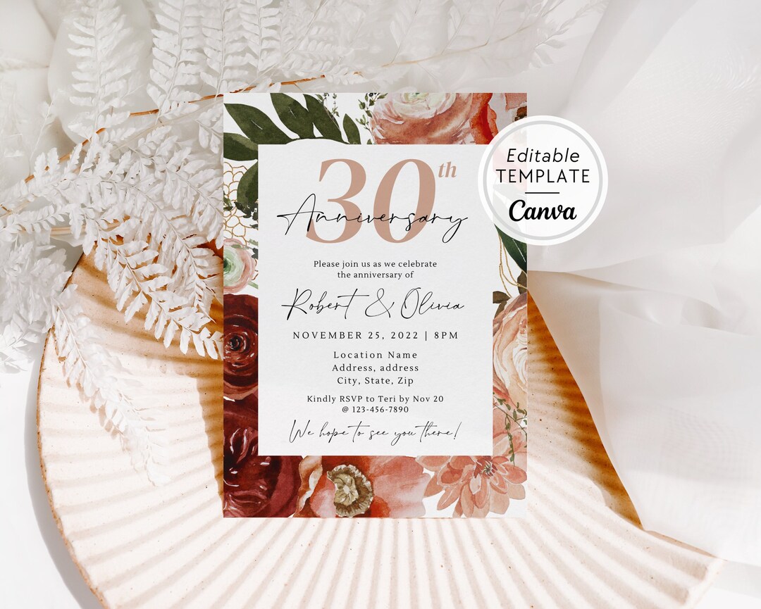30th Anniversary Invitation Template, Printable Floral Anniversary ...