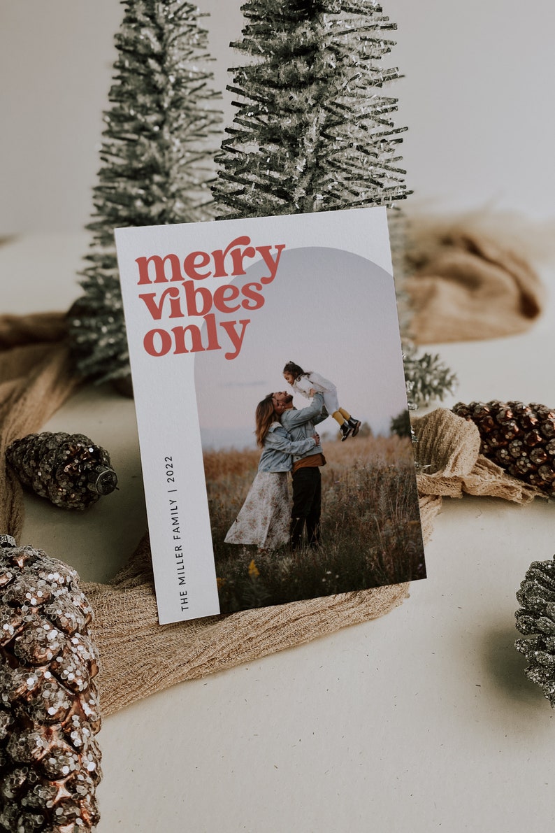 Retro Photo Christmas Card, Groovy Boho Editable Holiday Card ...