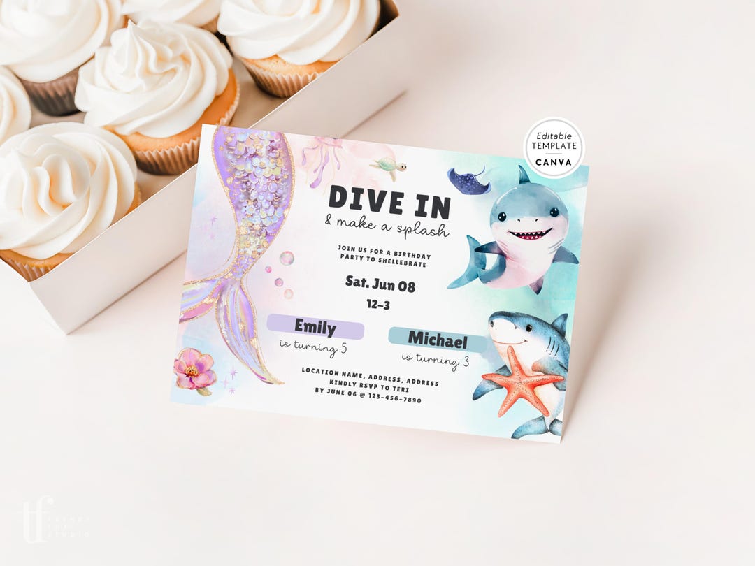 Editable Shark & Mermaid Birthday Invite Canva Template, Joint Birthday ...