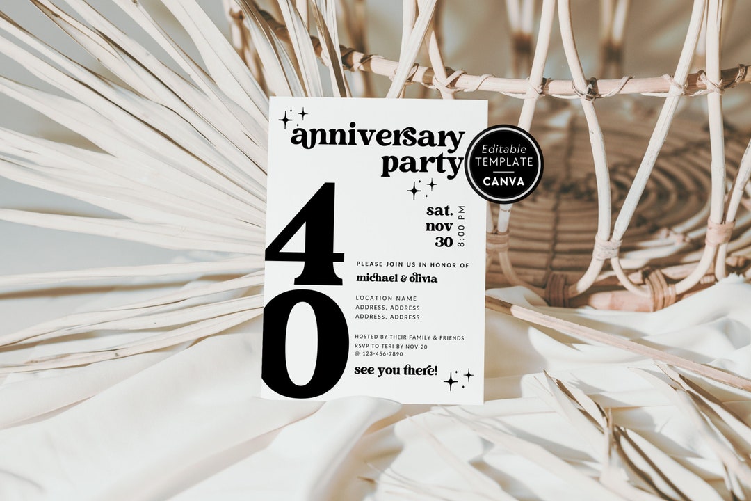Retro 40th Anniversary Invitation Template, Printable Wedding ...