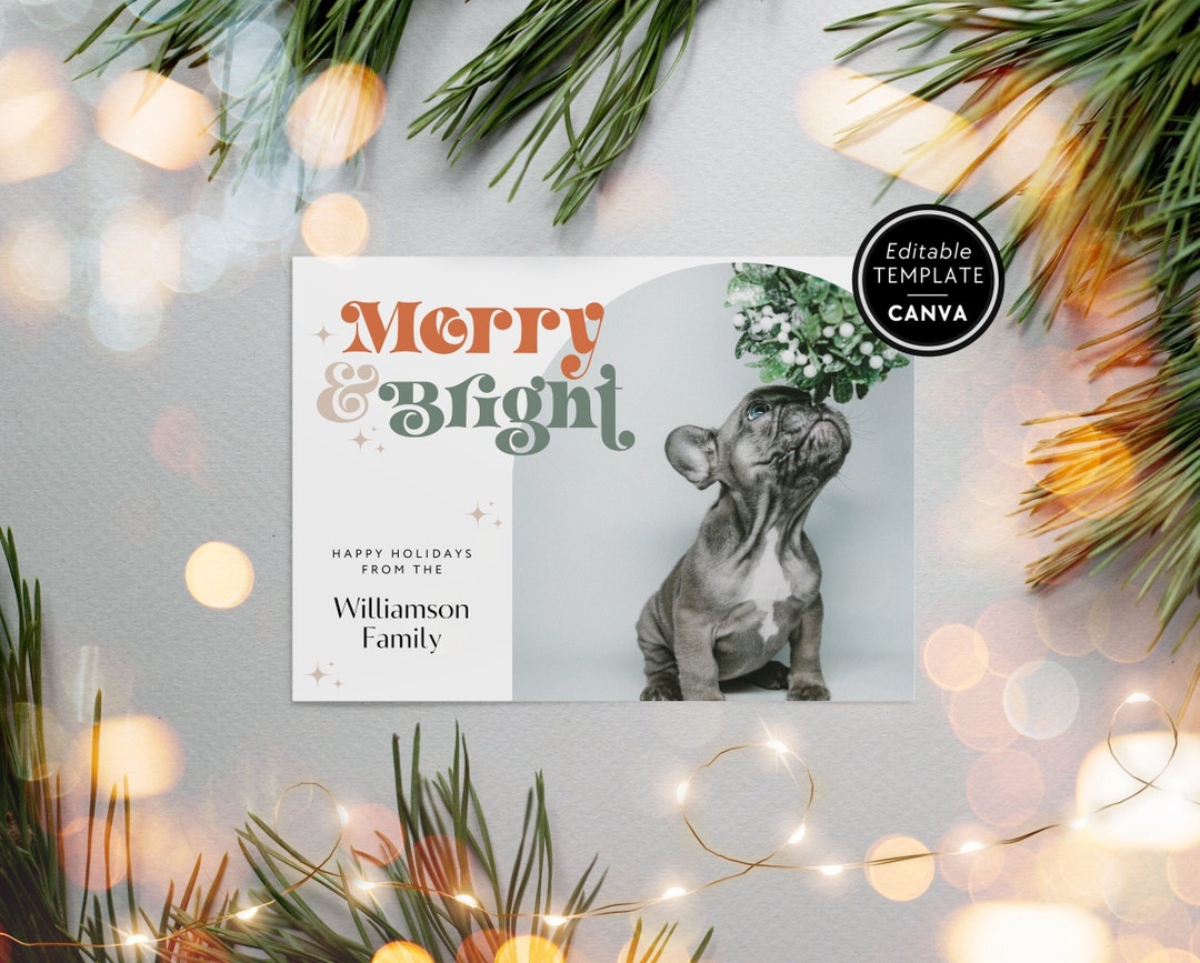 Retro Photo Christmas Card, Boho Editable Holiday Card, Christmas Arch ...