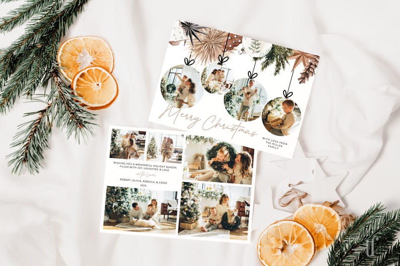 Rustic Christmas Photo Card Canva Template, Editable 4 Photo Ornaments ...