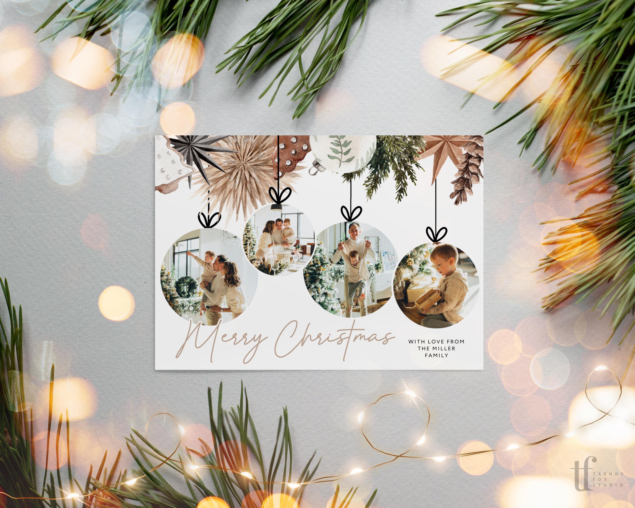 Rustic Christmas Photo Card Canva Template, Editable 4 Photo Ornaments ...
