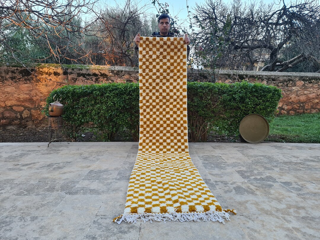 Checkered Rug Runner, Entryway Rug, Hallway Rug Runners, Beni Ourain ...