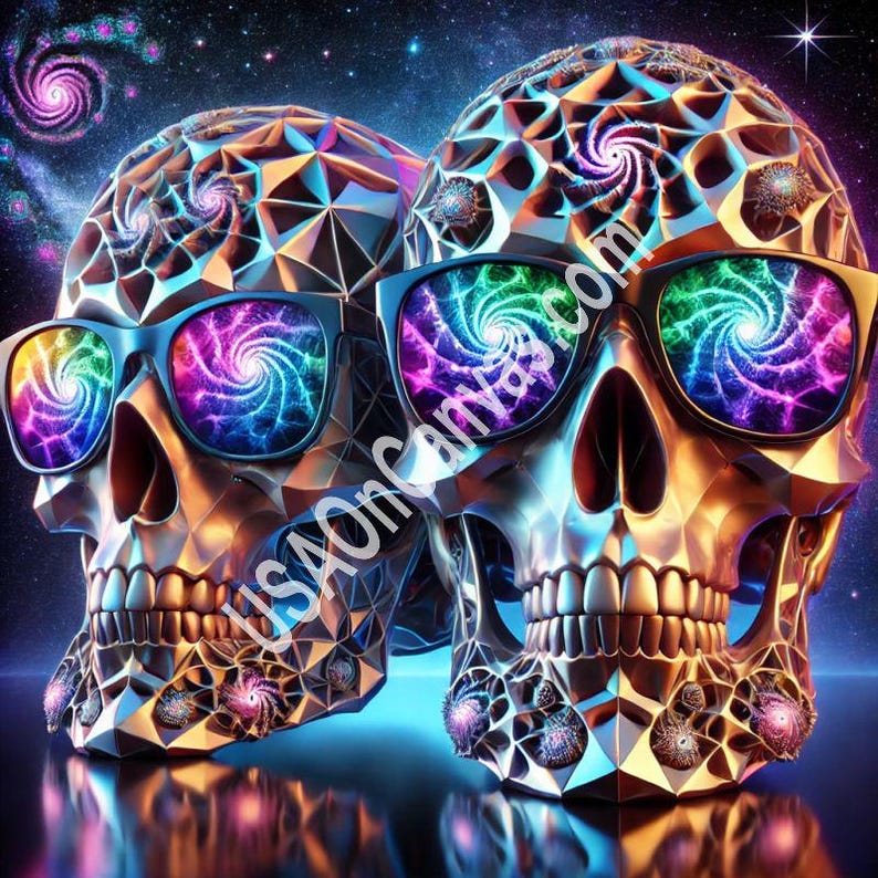 A Surreal, Cubist-inspired Scene Featuring a Couple of Skulls Wearing ...