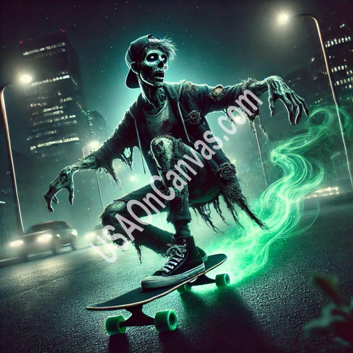A Cool Zombie Skateboarding Through a City at Night, Leaving a Trail of ...