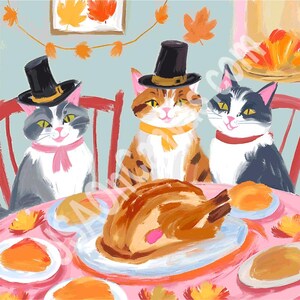 Whimsical Thanksgiving Cats Art Print - Festive Feline Feast Decor - Etsy