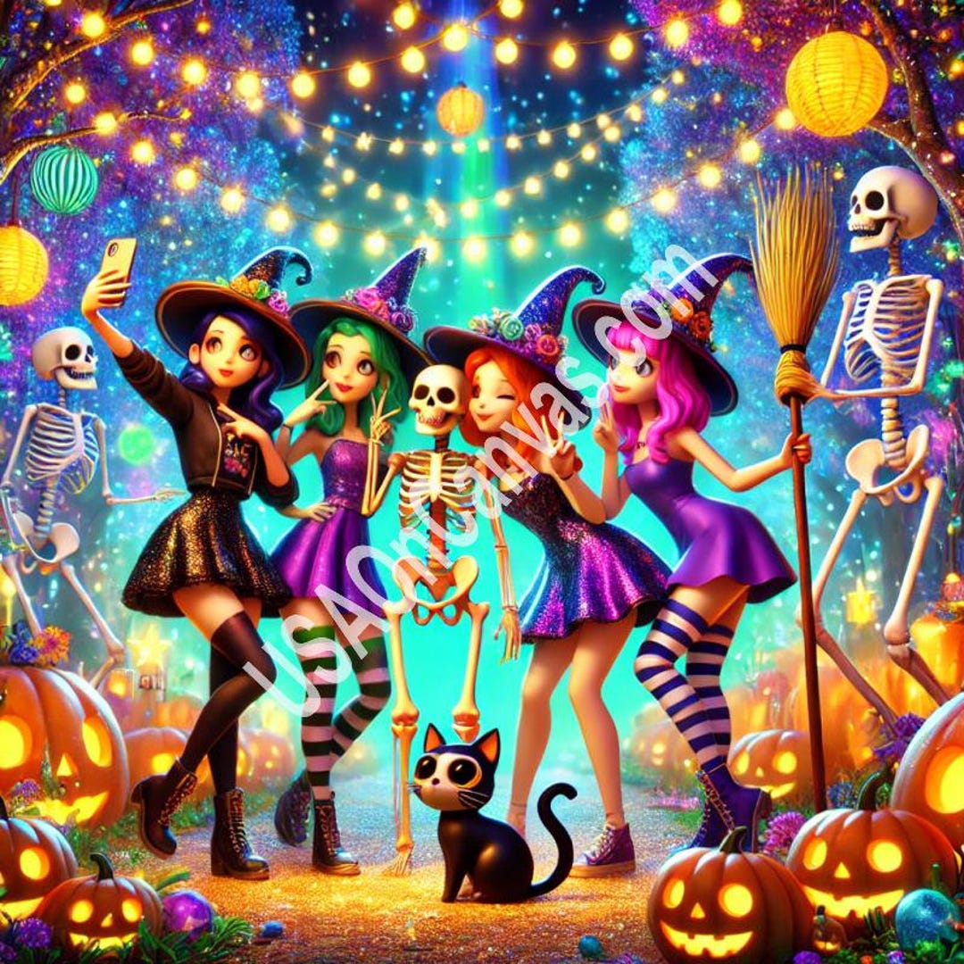 A Whimsical Scene Featuring a Group of Stylish Witches Taking a Selfie ...