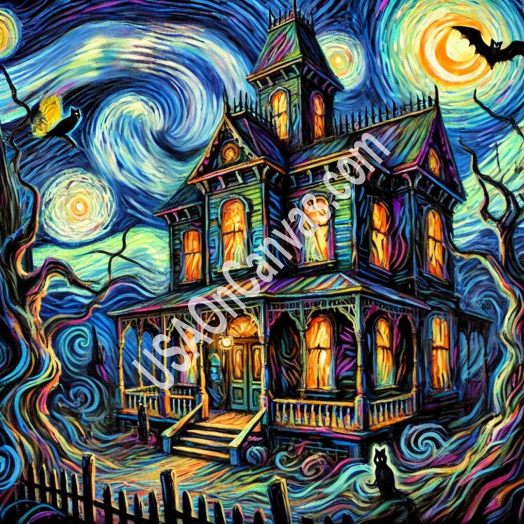 A Spooky Haunted House Van Gogh Style - Vintage Farmhouse Decor, Halloween Decor, Farmhouse Art ...