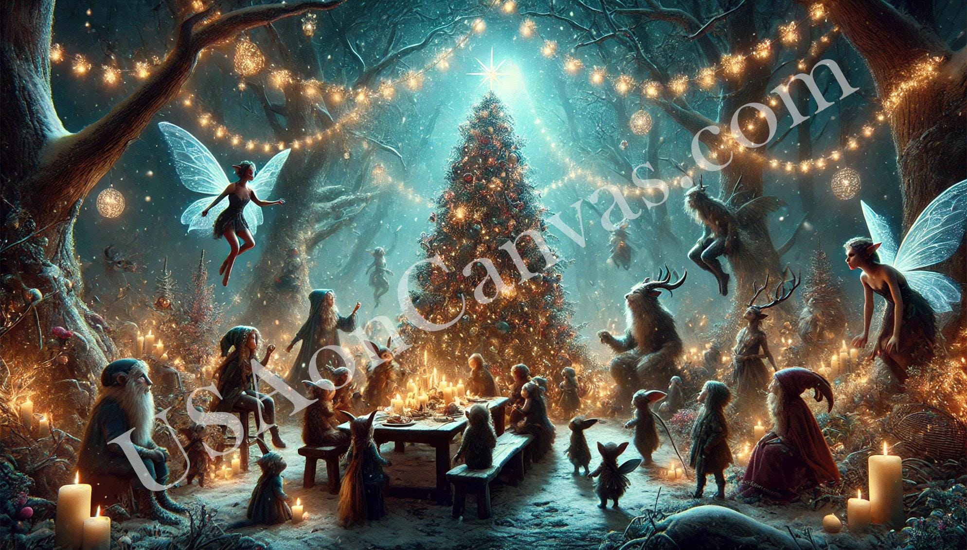 Magical Fairy Christmas Forest Wall Art | Enchanted Holiday Scene With ...