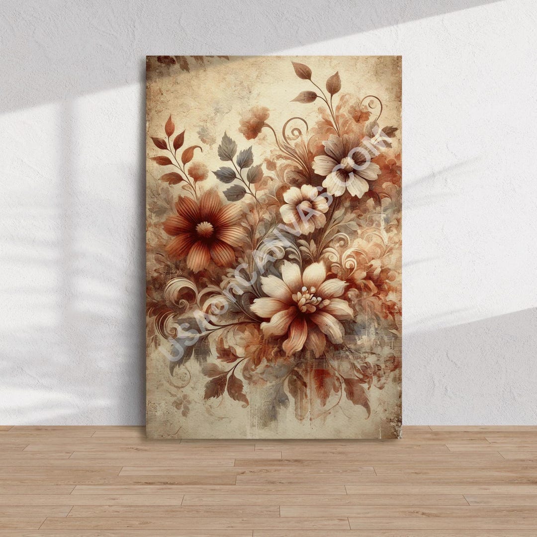 Vintage Abstract Autumn Floral Wall Art - Retro Fall Flowers Print in ...