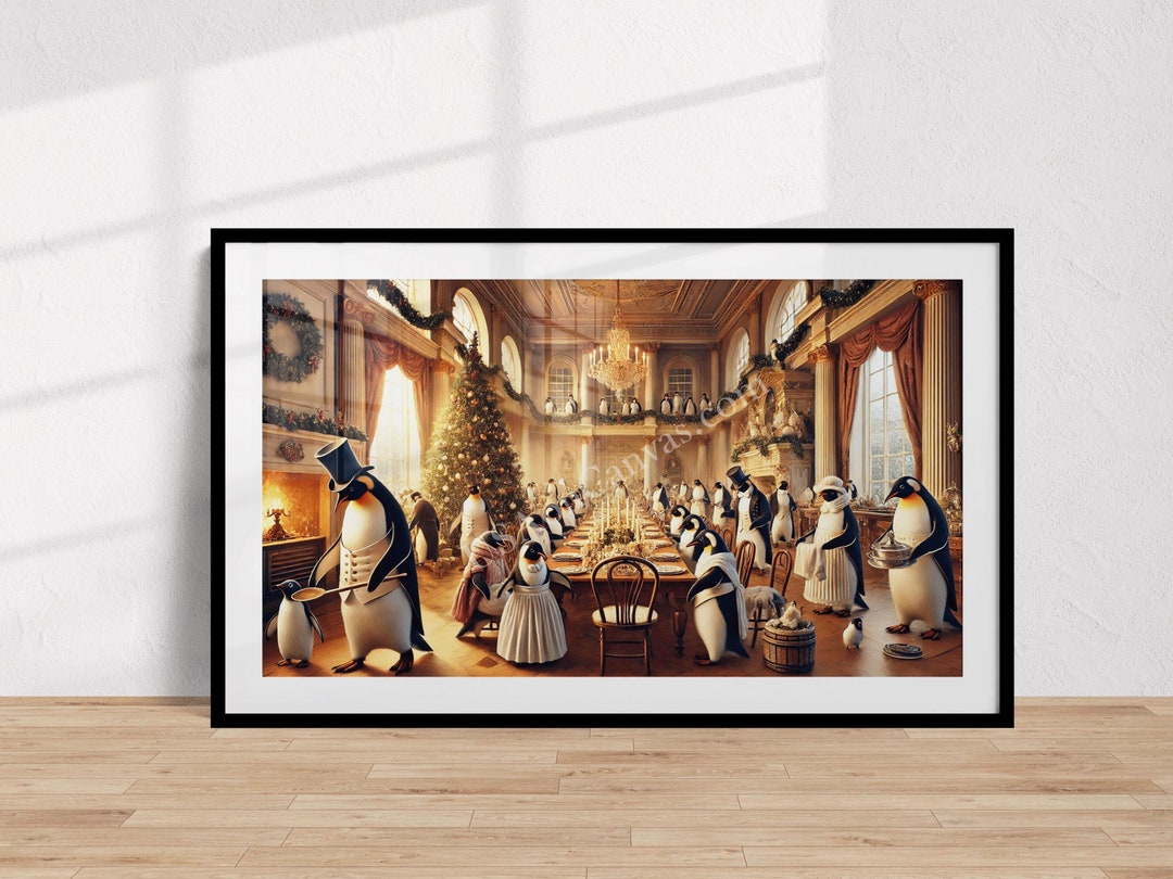 Victorian Christmas Penguin Banquet - Whimsical Animal Wall Art Print ...