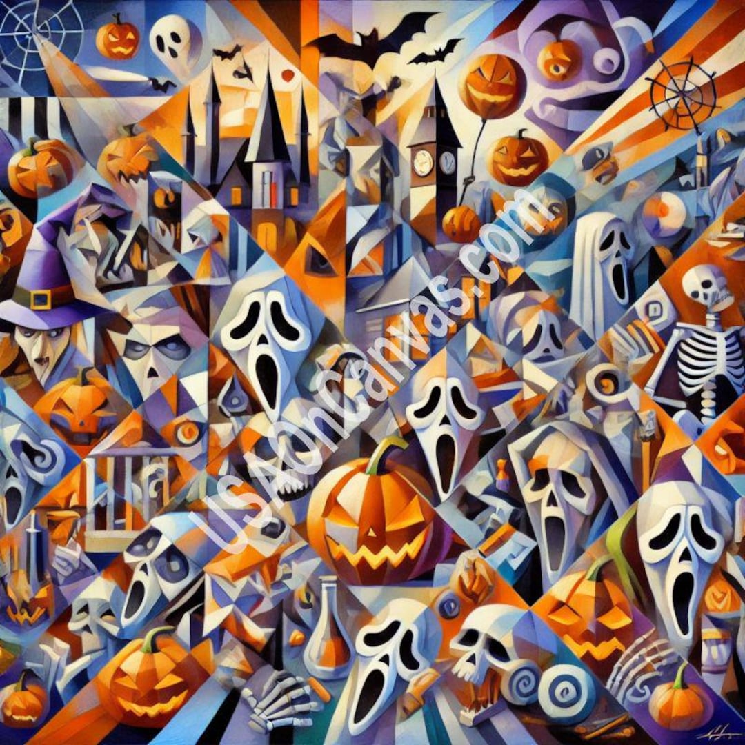 A Halloween-themed Painting in a Cubist Style, With Elements Such as a ...