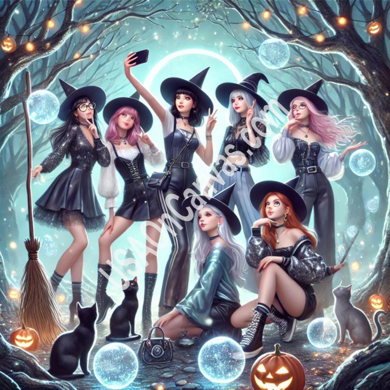 A Whimsical and Trendy Scene Featuring a Group of Stylish Witches ...