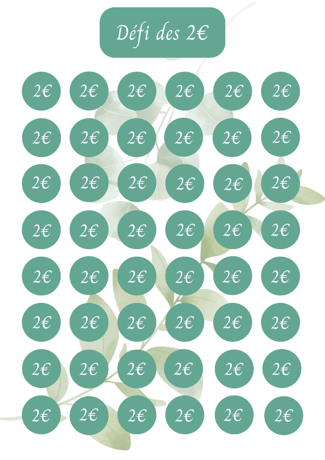 Reto de 2 euros Reto de presupuesto Ahorro de 96 euros Formato A4 Impresión digital Solo ...