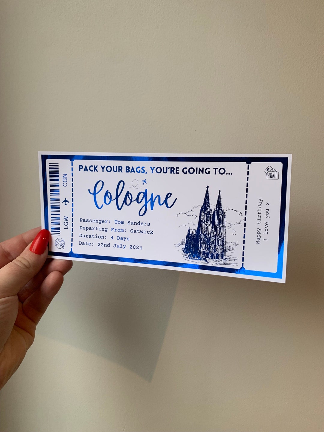 Cologne, Holiday Boarding Pass Ticket, Any Reveal Personalised Foil ...