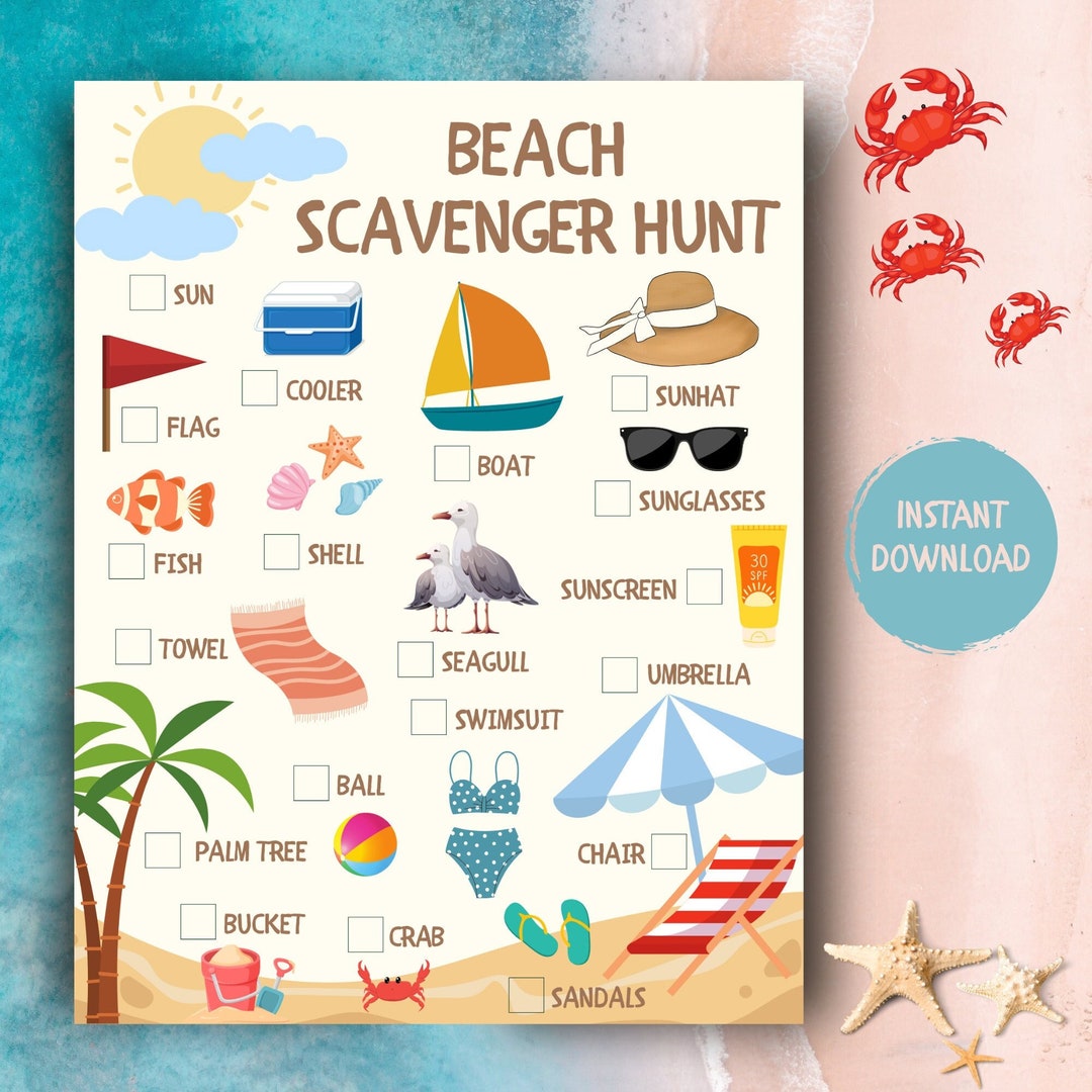 Beach Scavenger Hunt I Children's Holiday Game I Beach Treasure Hunt ...
