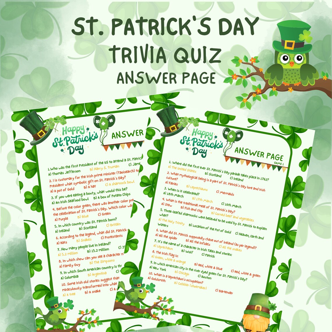 St Patricks Day Trivia Quiz Game I St Patricks Day Party Game I Adult ...