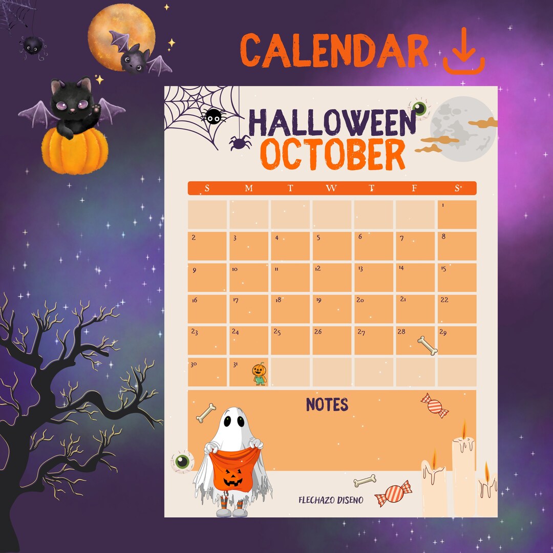 Halloween October 2022 Calendar Halloween Calendar Spooky Calendar ...