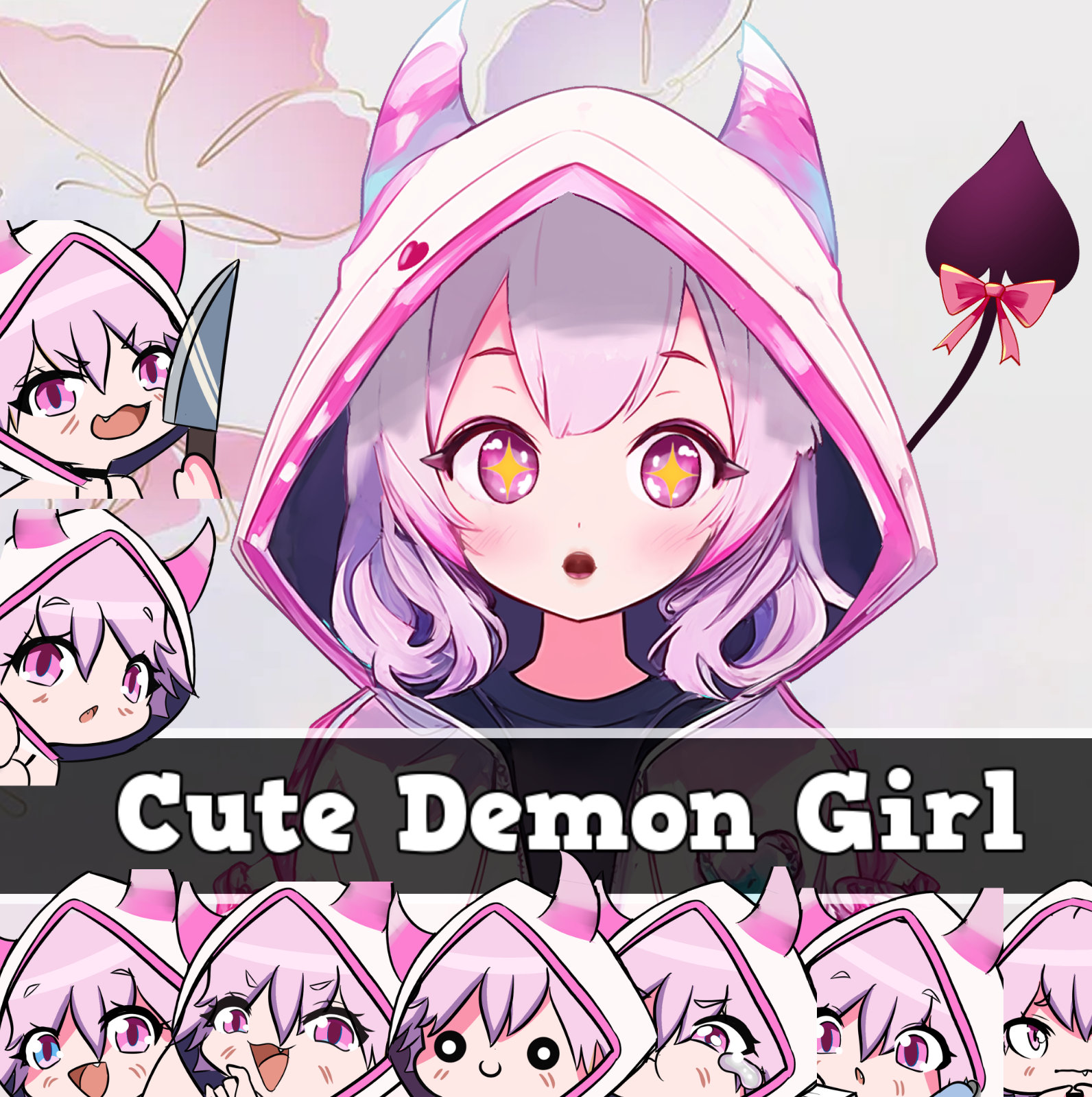 Pink Demon Girl Vtuber 2d Live2d avatar 4 Expressions 8 Free Emotes For ...