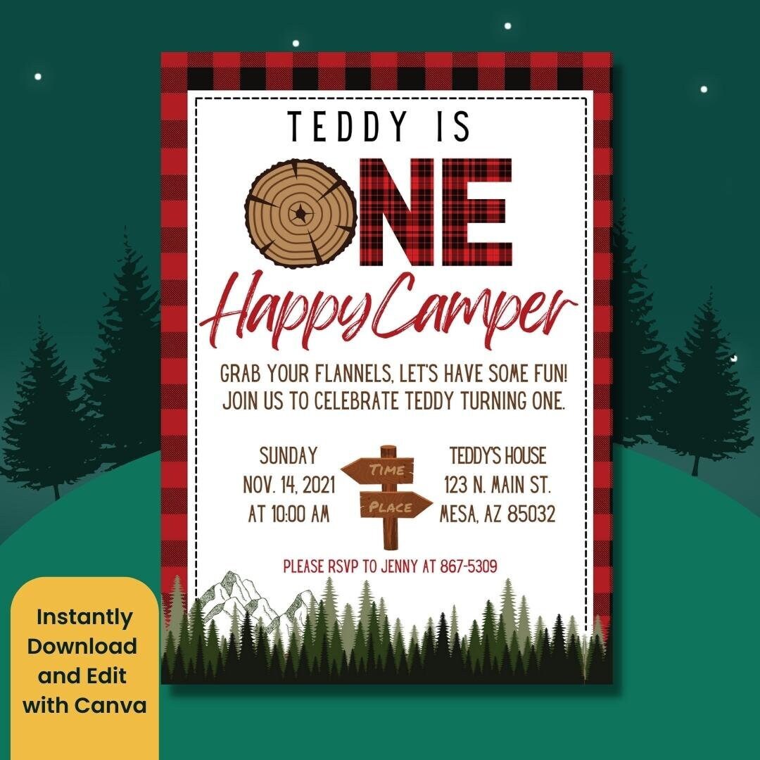 EDITABLE One Happy Camper Invitation 1st Birthday Invite - Etsy