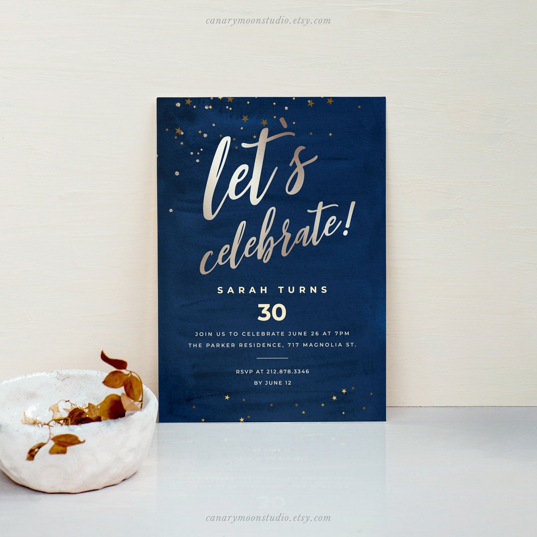 Classic Birthday Invitation, Let's Celebrate in Faux Gold Foil on Dark ...