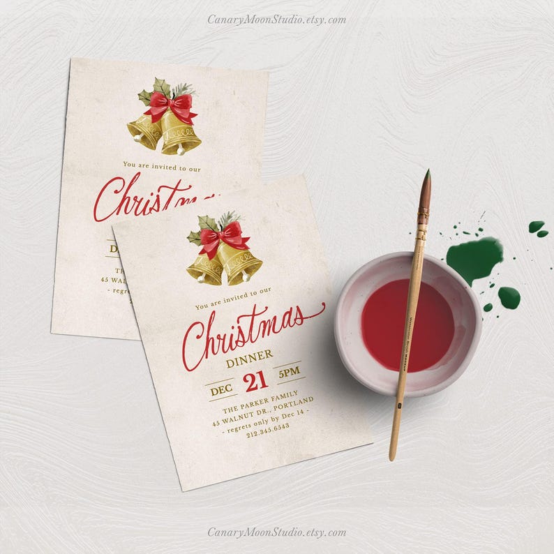 Christmas Bells Holiday Party Invitation, Watercolor Christmas Bow and ...
