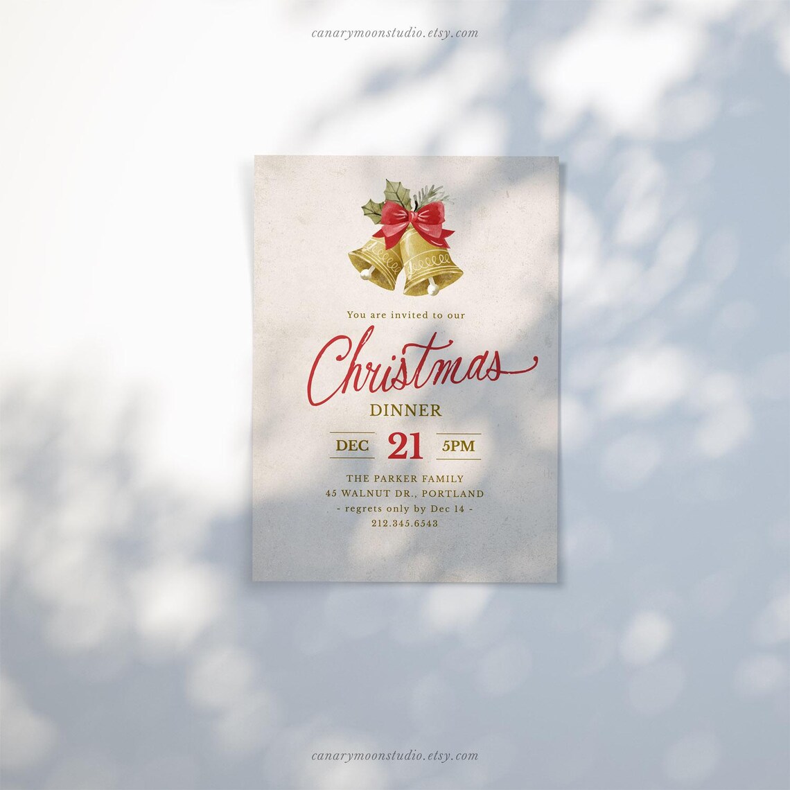 Christmas Bells Holiday Party Invitation, Watercolor Christmas Bow and ...