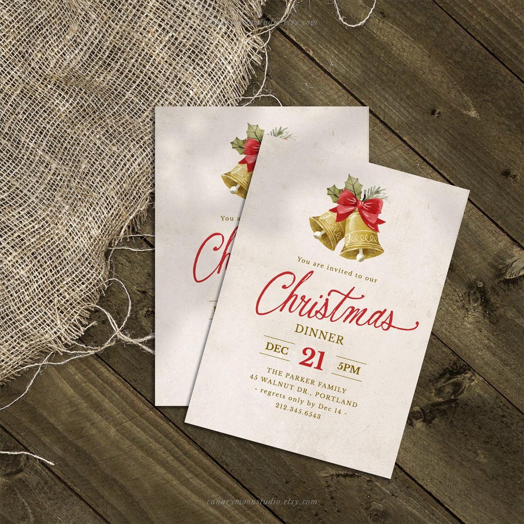 Christmas Bells Holiday Party Invitation, Watercolor Christmas Bow and ...