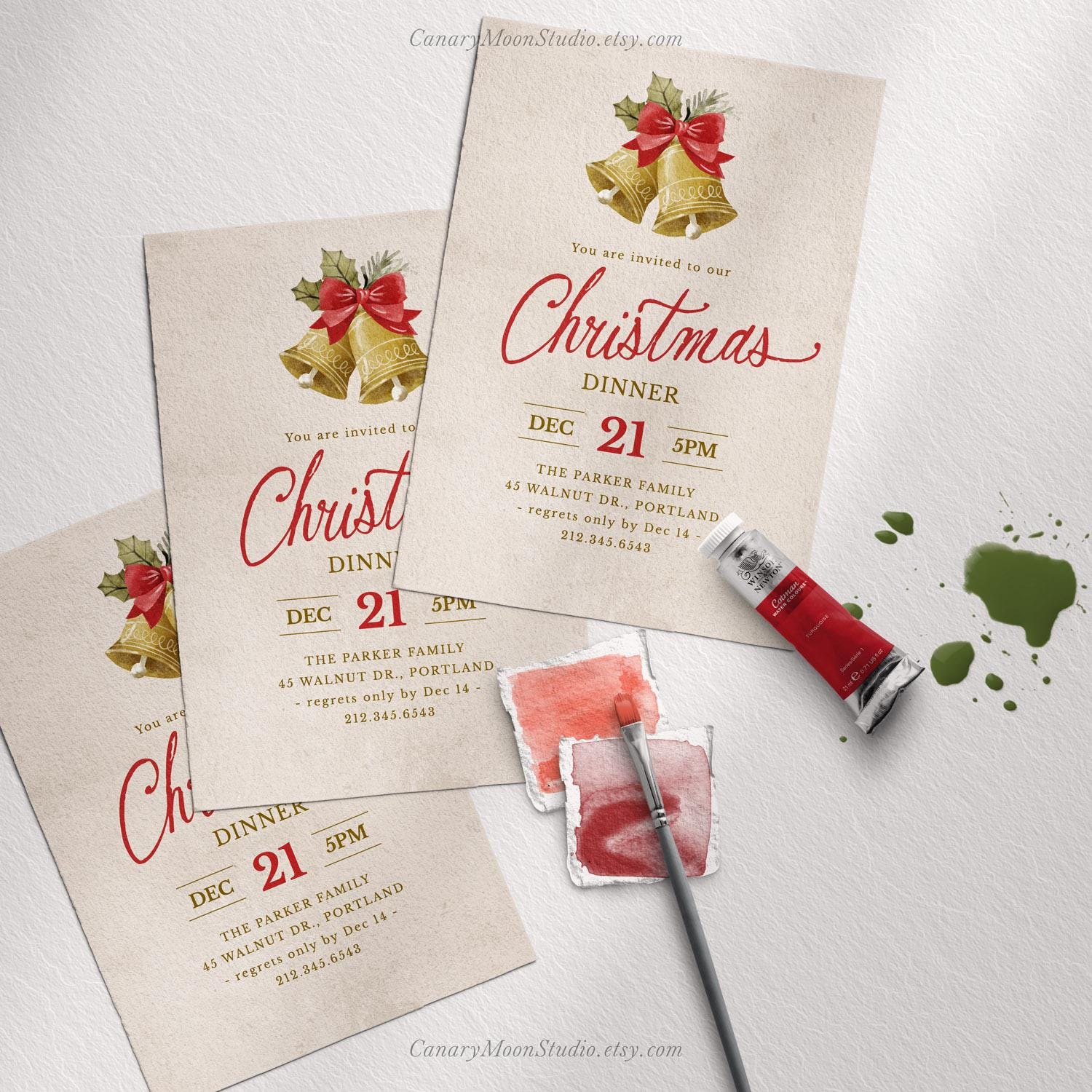 Christmas Bells Holiday Party Invitation, Watercolor Christmas Bow and ...