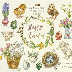 Cute Easter Clipart Rabbits in Flowers Basket, Cute Easter Chicks ...