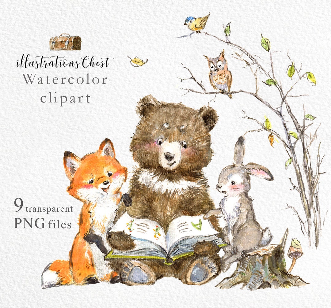 Reading Animals Clipart, Woodland Nursery Art, Bear Clipart Nursery Art ...